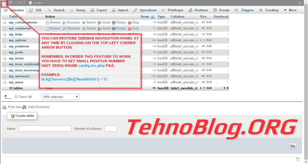 Phpmyadmin How To Hide Sidebar Navigation Panel And Optimize Performance